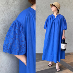 小柄S リネンコットン♡バスト110㎝ 超ゆったり&着やせ♡お袖レースコンビワンピース 黒 KMC-765 537487 ワンピース keep ...