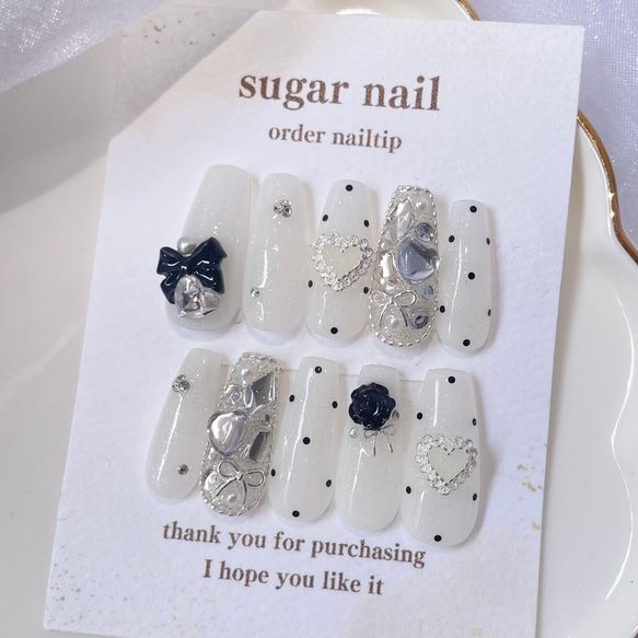 ネイルチップ ワンホンネイル 韓国ネイル ホワイト ハート リボン ドット ネイルチップ（つけ爪） sugar nailtip 通販 ...