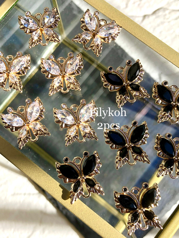 2個/ 上質 キュービックジルコニア バタフライコネクター 蝶々 クリア ブラック CH365 チャーム eilykoh-parts 通販 ...