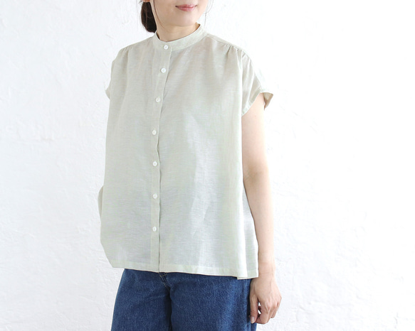 快適キチンと見え リネン フレンチスリーブバンドカラーブラウス （シャンブレーアイスグリーン）TP42 ブラウス alin 通販 ...
