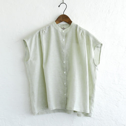 快適キチンと見え リネン フレンチスリーブバンドカラーブラウス （シャンブレーアイスグリーン）TP42 ブラウス alin 通販 ...
