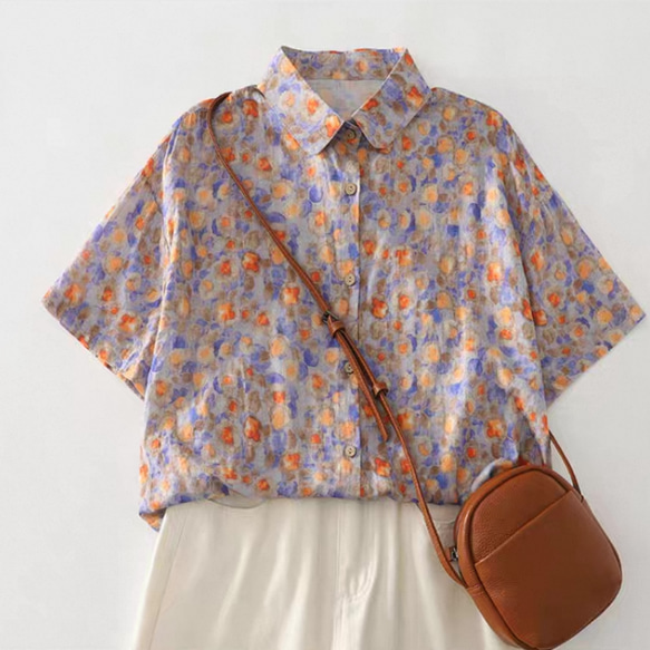 半袖、花柄、ブラウス、トップス、リネンコットン、夏 ブラウス Ceceily 通販 19353862｜Creema(クリーマ)