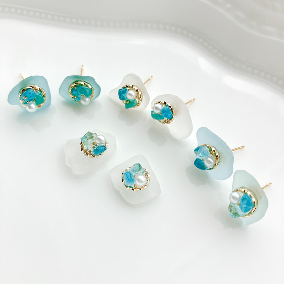 【選べる4種類】シーグラスと天然石の小さめピアス／イヤリング ピアス（スタッド・一粒） mermaidblue 通販 19354029 ...