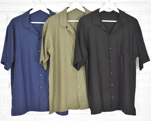 リネンメンズシャツ オープンカラーシャツ 開襟シャツ リネンシャツ ブラック ネイビー カーキ シャツ・ブラウス（メンズ ...
