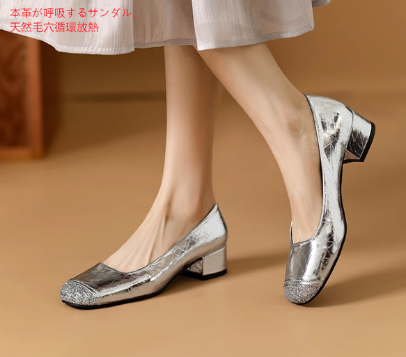 ローヒールシルバーの単靴女2025新型スパンコール浅口角レトロな瓢箪靴フレンチ本革太ヒール四季靴 サンダル chadroegev5j 通販 ...