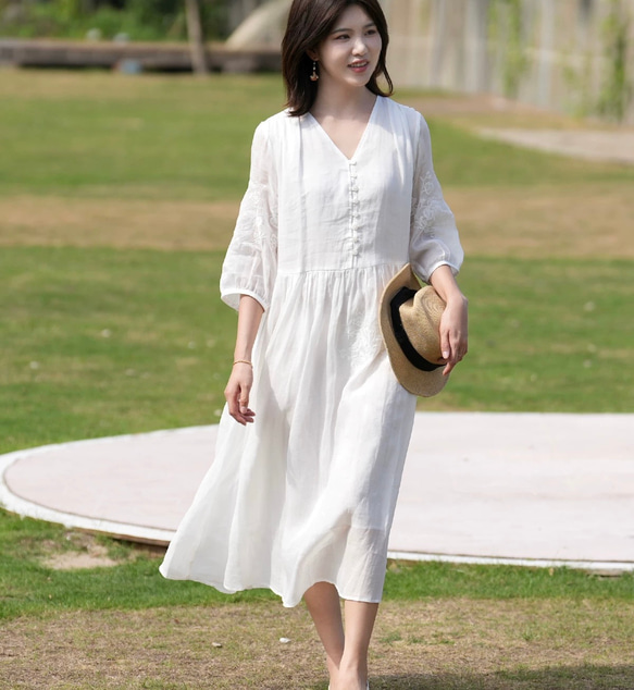 ラミー/麻100% 刺繡生地 Vネックロングワンピース ポケット付き【春夏秋】白 ワンピース ねまき屋 通販 19356469｜Creema ...