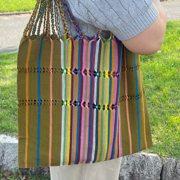 【手織り鞄】メキシコ ハンモックバック/エコバッグやトートバッグにも /カーキ ︎ボーダー エコバッグ・サブバッグ Micora27 通販 ...