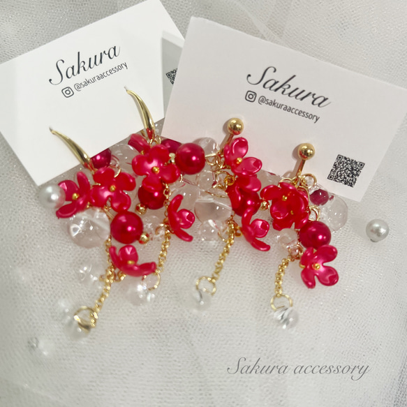 レッドフラワー イヤーカフ 浴衣 シャラシャラ ピアス イヤリング イヤリング・ノンホールピアス Sakura accessory 通販 19370769｜Creema(クリーマ)