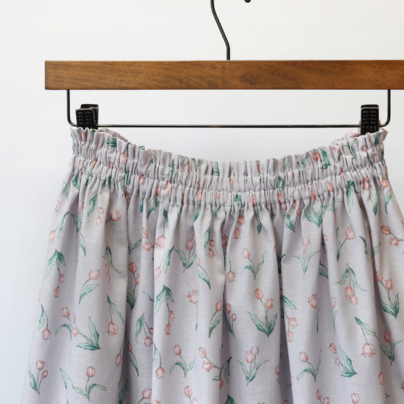 チューリップ柄 綿麻ギャザースカート（ライトグレー）リネン 麻 ロング マキシ ポケット フレアスカート アメノハ 洋裁店 通販 ...