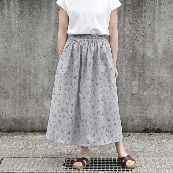 チューリップ柄 綿麻ギャザースカート（ライトグレー）リネン 麻 ロング マキシ ポケット フレアスカート アメノハ 洋裁店 通販 ...