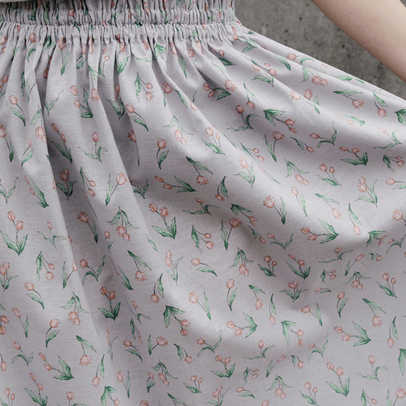 チューリップ柄 綿麻ギャザースカート（ライトグレー）リネン 麻 ロング マキシ ポケット フレアスカート アメノハ 洋裁店 通販 ...