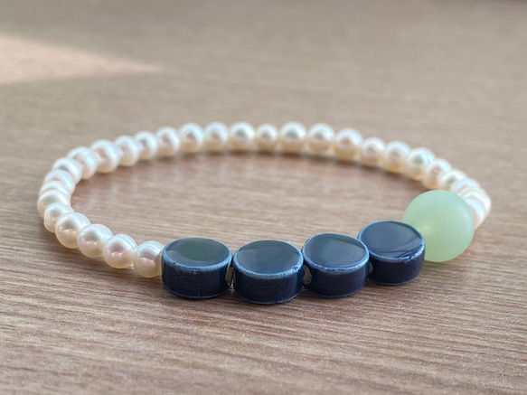 ビーズブレスレット No.103 パール ユーカリプタス ミッドナイトブルー ヴィンテージビーズ ブレスレット KARIN’S WORLD ...