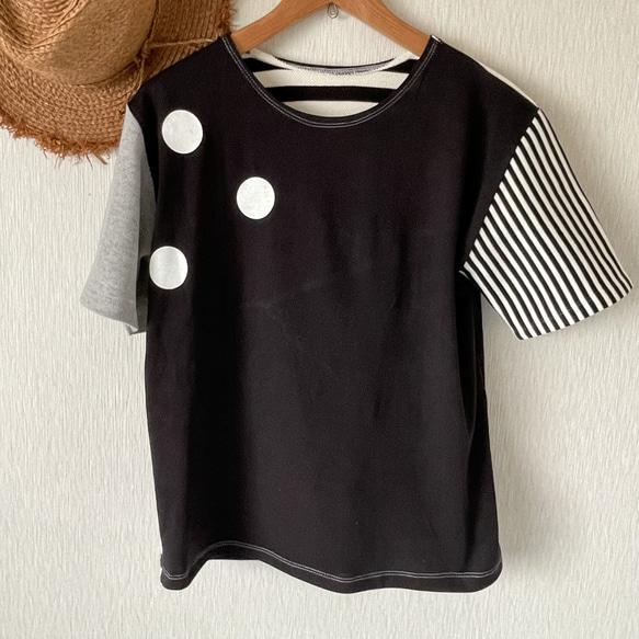 水玉プリント切替ボーダーTシャツ 黒白グレーF カットソー 天然衣服 通販 19419226｜Creema(クリーマ)