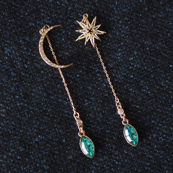 L.tターコイズ＊月×星＊クリスタルガラスのアシンメトリーロングピアス／イヤリング【k14gf アレルギー対応】 ピアス（その他 ...