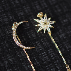 L.tターコイズ＊月×星＊クリスタルガラスのアシンメトリーロングピアス／イヤリング【k14gf アレルギー対応】 ピアス（その他 ...