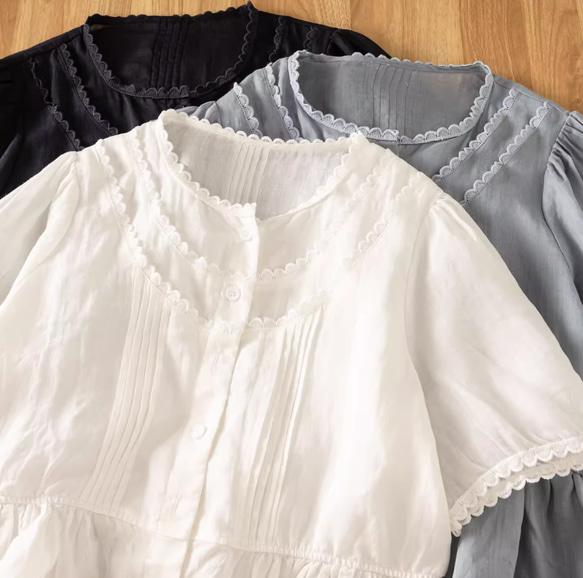 樹 * レースフリル プリーツ ドールシャツ . 無地ラミー麻半袖シャツ . シェイプウエストブラウス .ゆったり シャツ 樹 CorrcC ...