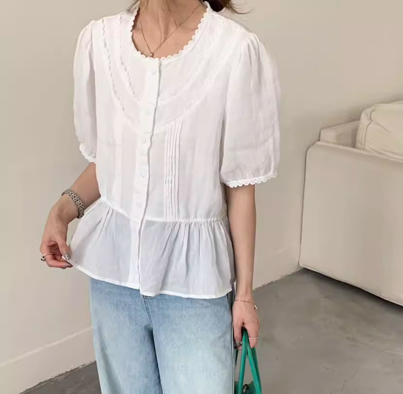 樹 * レースフリル プリーツ ドールシャツ . 無地ラミー麻半袖シャツ . シェイプウエストブラウス .ゆったり シャツ 樹 CorrcC ...