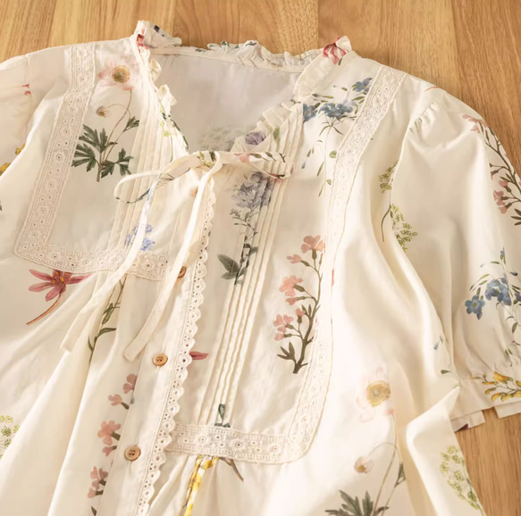 樹 *文芸小清新小花半袖シャツ ..リボンパネル レース トップス . 綿100%シャツ シャツ 樹 CorrcC 通販 19420301 ...