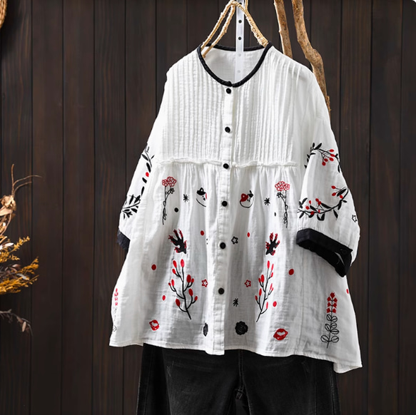 フラワー刺繍コットンガーゼ五分袖シャツ . ゆったり カジュアル エレガント トップス . 品質 .薄手プリーツブルゾン シャツ Torio ...