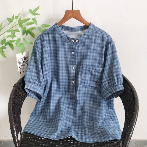 【受注製作】綿.チェック柄半袖シャツ レディース 夏用ブラウス シャツ July 通販 19433571｜Creema(クリーマ)