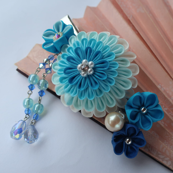 つまみ細工の髪飾り【星涼し】正絹silk シルク ヘアークリップ かんざし 簪 青 浴衣 和装 帯飾り 祇園祭 七夕 かんざし りりる 通販 ...