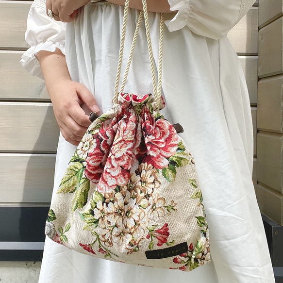 フラワーデザイン巾着bag＊ゴブラン生地を使用した華やかなデザイン＊マルチウェイバッグ／502 巾着バッグ ＊lino ohana＊ 通販 ...