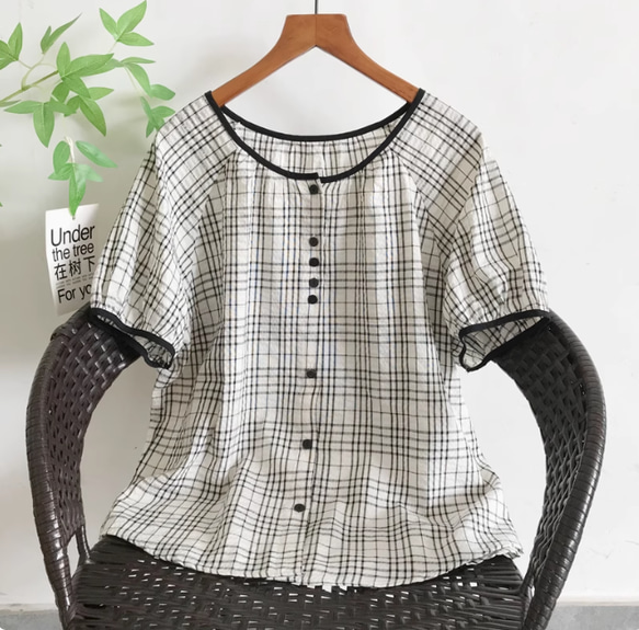【受注製作】綿.チェック柄 丸首 半袖シャツ レディース 夏用 シャツ July 通販 19434719｜Creema(クリーマ)