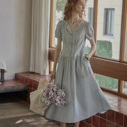 夏向き半袖ワンピース ハイウェスト ベルト付きワンピース ワンピース hellodream 通販 19436190｜Creema(クリーマ)