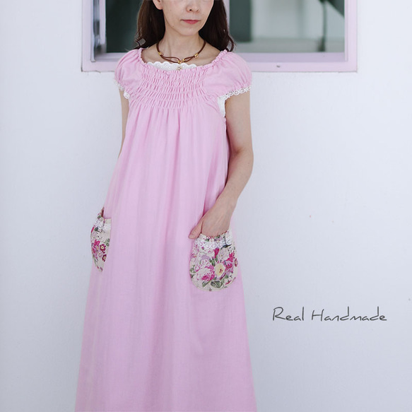 [予約販売] 花咲くポケットとピンクのダブルガーゼ・シャーリングマキシワンピース ワンピース REAL 通販 19453092｜Creema(クリーマ)