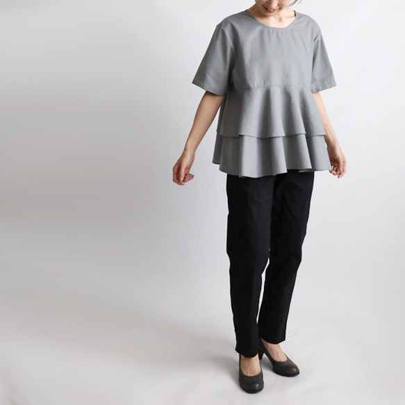 ＊秋SALE ギマ擬麻コットン ティアード フリル ブラウスゆったりプルオーバー シャツ グレーF14A ブラウス anvai 通販 ...