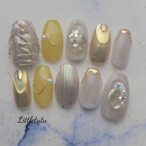 ネイルチップ 現品 ミモザイエロー バカラネイル ガラス ニュアンス シェル ネイルチップ（つけ爪） Littletutu 通販 ...
