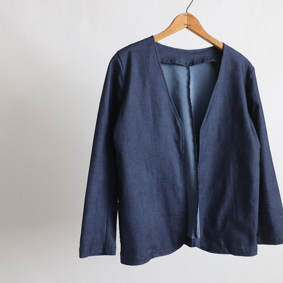 ⁑ラスト1 斜横ぐーんと伸びる伸縮ストレッチ生地 ノーカラージャケット 羽織 ネイビーデニム F36B ジャケット anvai 通販 ...