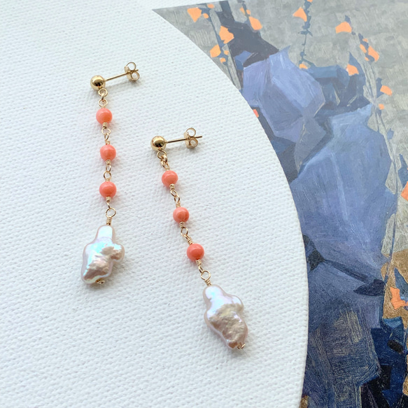 天然色ピンクコーラル×ぷっくり淡水パール14Kgfピアス ピアス（スタッド・一粒） Tiny.S (タイニイエス) 通販 19577586｜Creema(クリーマ)