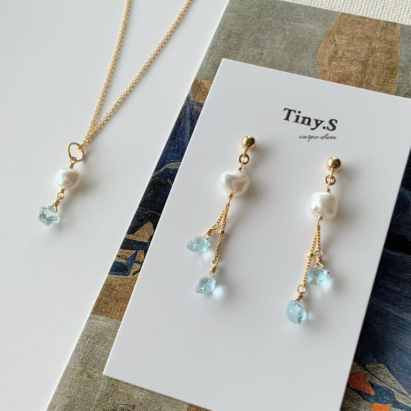 星形スカイブルートパーズ×淡水パール ピアス&ネックレスのセット（All 14Kgf） ピアス（スタッド・一粒） Tiny.S (タイニイエス) 通販 19586389｜Creema(クリーマ)