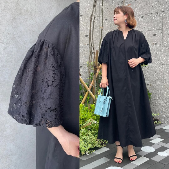 高身長TALL リネンコットン♡超ゆったり&着やせ♡お袖レースコンビワンピース 黒【フリー】KMC-765 750581 ワンピース keep ...