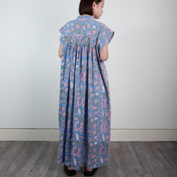 蒸し暑い時期にサラサラしたインド綿 ブロックプリントピンタックギャザーワンピース ブルー 0738BL ワンピース SWiMMY Clothing 通販 19623875｜Creema(クリーマ)