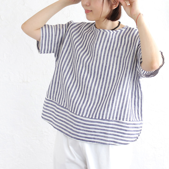 《1点限り》大人のTシャツに。リネンのワイドプルオーバーブラウス（ネイビー/ホワイト）TP34. Tシャツ alin 通販 19693735｜Creema(クリーマ)