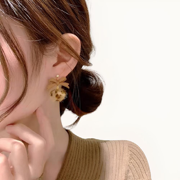 N3250 ヒョウ柄毛玉のピアス リボンのピアス H925 アレルギー対応 ピアス（スタッド・一粒） nks 通販 19771819 ...