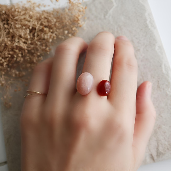 ピーチムーンストーンとレッドアゲートのフォークリング 金アレ対応 指輪・リング mignons 通販 19783000｜Creema(クリーマ)