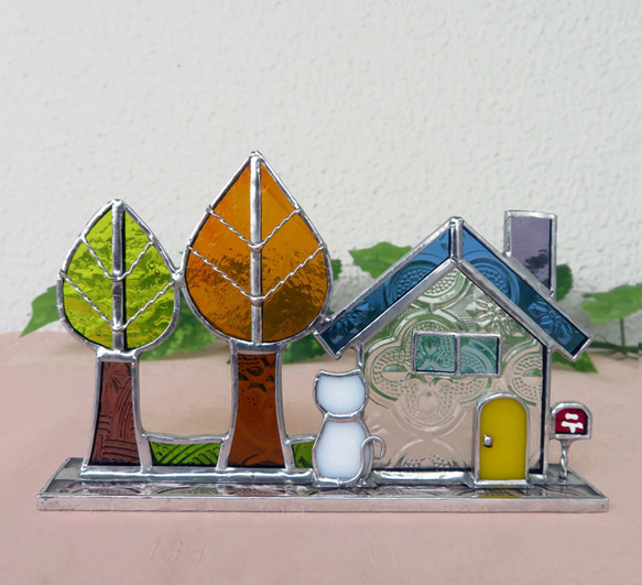 ステンドグラス 大きな木とお家とネコ その他インテリア雑貨 pi-tyan 通販 19819817｜Creema(クリーマ)
