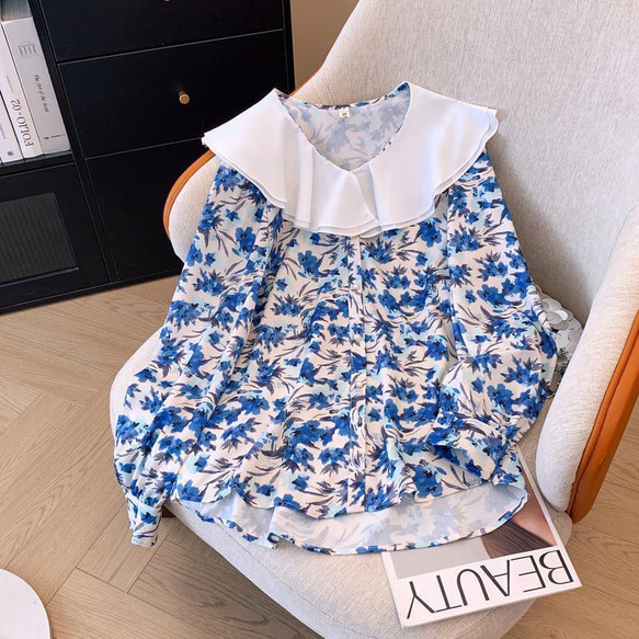 大きいサイズ トップス 襟付き レディース 春夏 新品 長袖 ブルー 花柄 ワンピース KS大きいサイズショップ 通販 19866262 ...