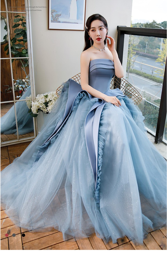 綺麗 薄青 ふわふわ ウェディングドレス 裾引き 高級感 パーティー 結婚式 花嫁 前撮り 披露宴 A7259 ドレス AkiraDress ...