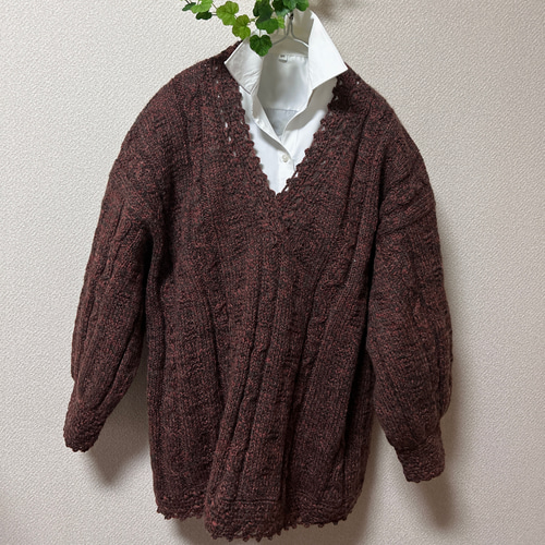 1点もの】ブラウン系ケーブル編み長袖セーター ニット・セーター