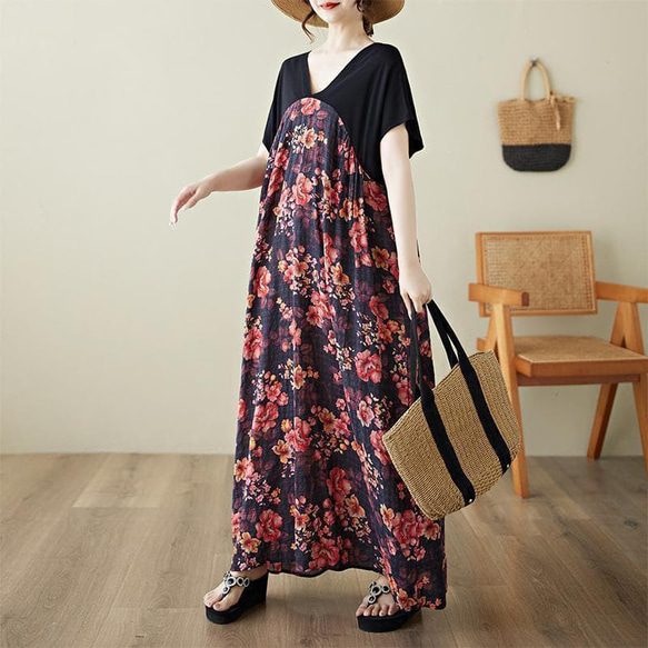 【新品】大きいサイズ春夏 半袖 花柄 赤系ロングワンピース 4L5Lゆったり ワンピース 大きいサイズハウス＠値引きクーポン有 通販 20034771｜Creema(クリーマ)