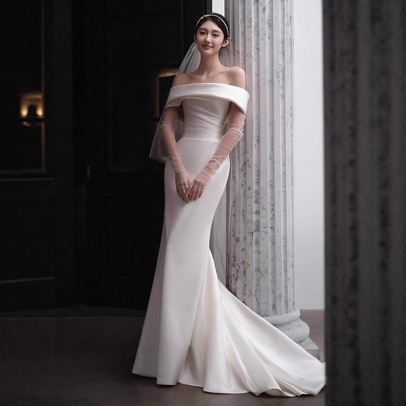 オフショルダー 白 黒 サテン ウェディングドレス 韓国風 結婚式 花嫁 パーティー 演奏会 二次会 前撮り HL270 ドレス ...