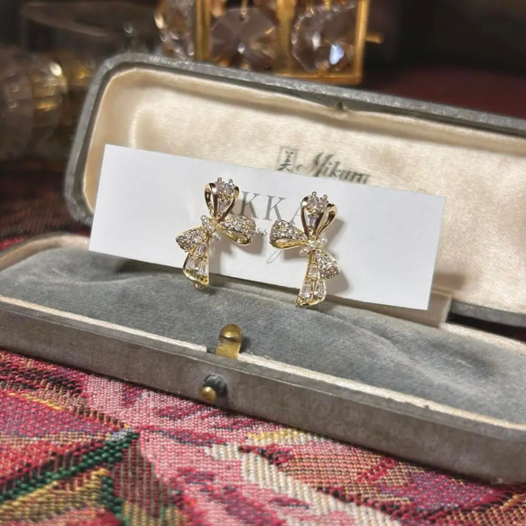 1点限定 Ribbon bijou nuance earring リボン ビジュー イヤリング 可愛い ミニ 小さめ イヤリング・ノンホール ...