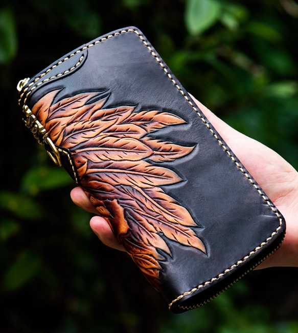 手作りの革彫刻バッグ 財布 男性と女性用の長い牛革バッグ長財布 長財布 ポラリス 通販 20075952｜Creema(クリーマ)