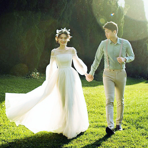 高級感 白 長袖 オフショルダー パーティードレス シンプル 韓国風 花嫁 結婚式 演奏会 前撮り HL1000 ドレス hellooco ...