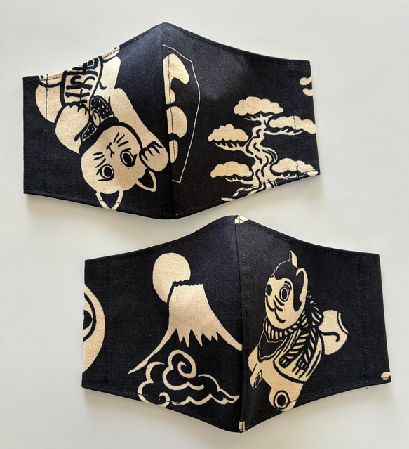 【和風】大きな柄 日本 富士山 招き猫 渋い立体マスク 紺黒 手作り布マスク 青 ブルー 布マスク kimi 通販 20392598 ...