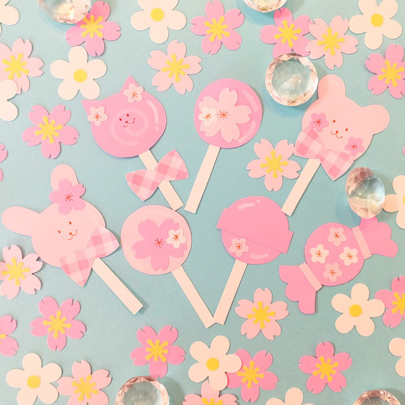 画用紙 桜 飴 かわいい ペロペロキャンディー 動物 祝電 花 壁面 ～桜飴おいしい♪～ 色紙 アルバム 桜 うさぎ 春 切り絵 紙という名の ...